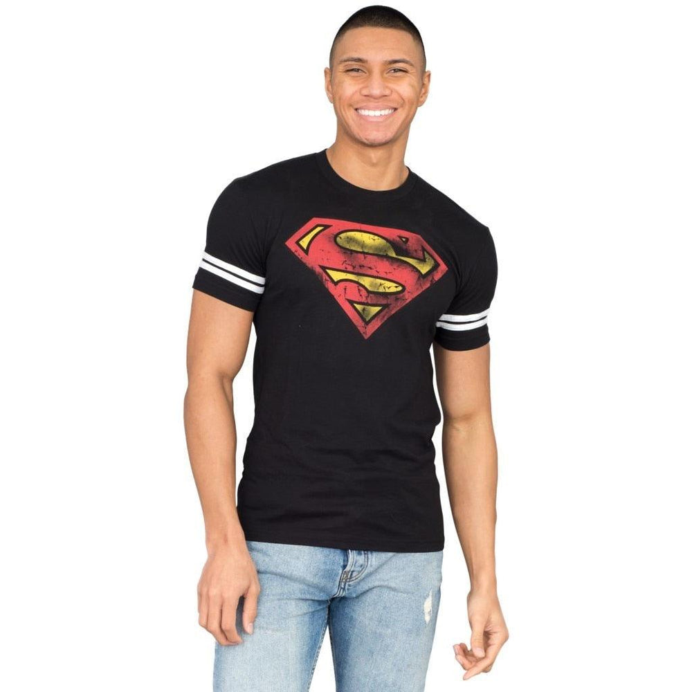 Superman Distressed Logo With Striped Sleeves Black Adult T-shirt ...